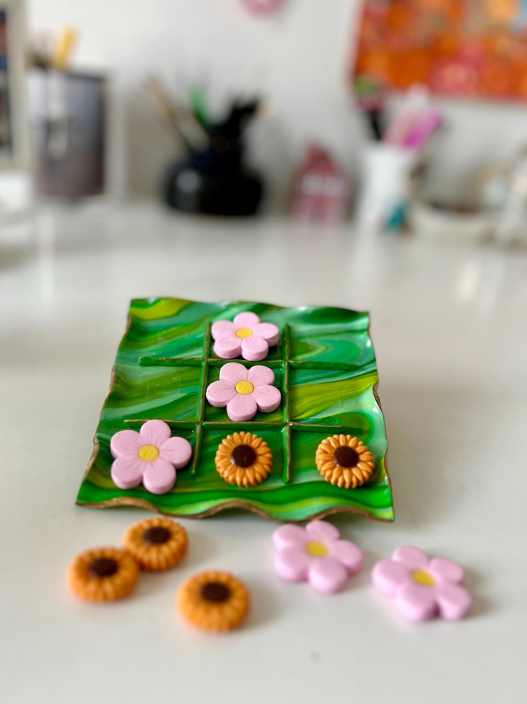 Tic-tac-toe Board Handmade Summer Flowers Daisy Sunflower Polymer Clay ...