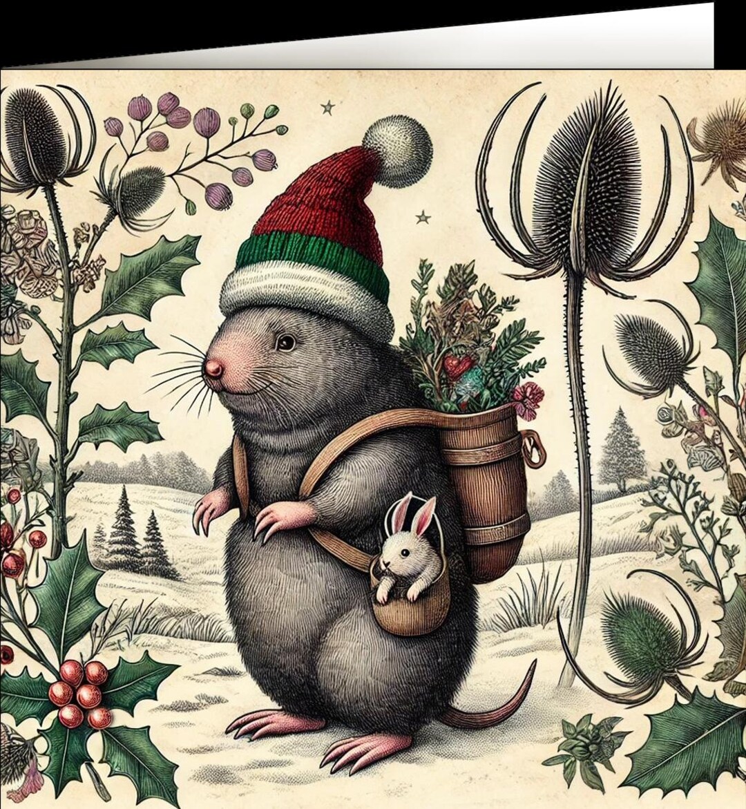 Christmas/ Holiday Greeting Card, Mole and Rabbit, Blank Inside - Etsy