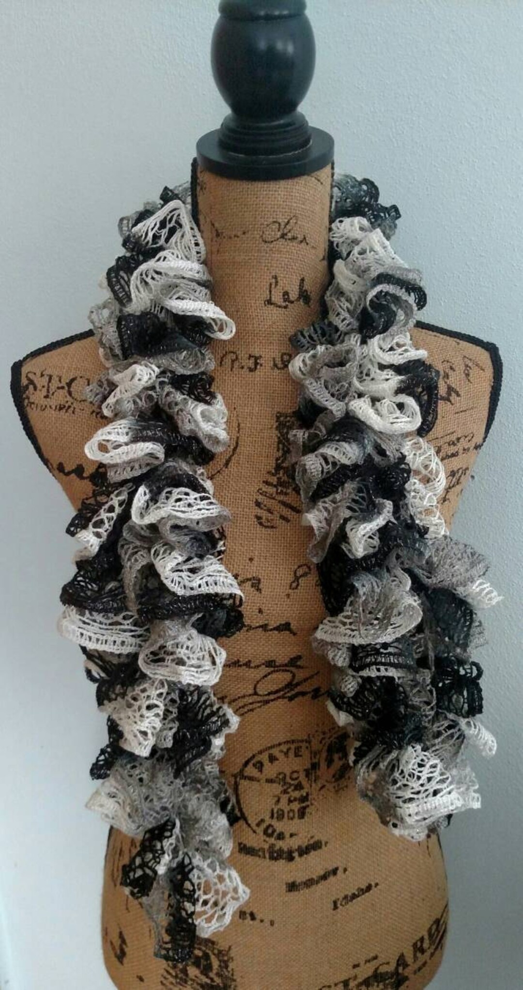 Ruffle Scarf, Black, White, Grey, Frilly Scarf, Crochet, Handmade, Lace ...