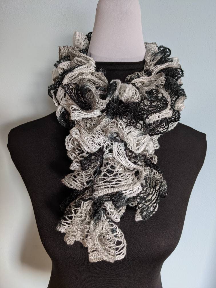 Ruffle Scarf, Black, White, Grey, Frilly Scarf, Crochet, Handmade, Lace ...