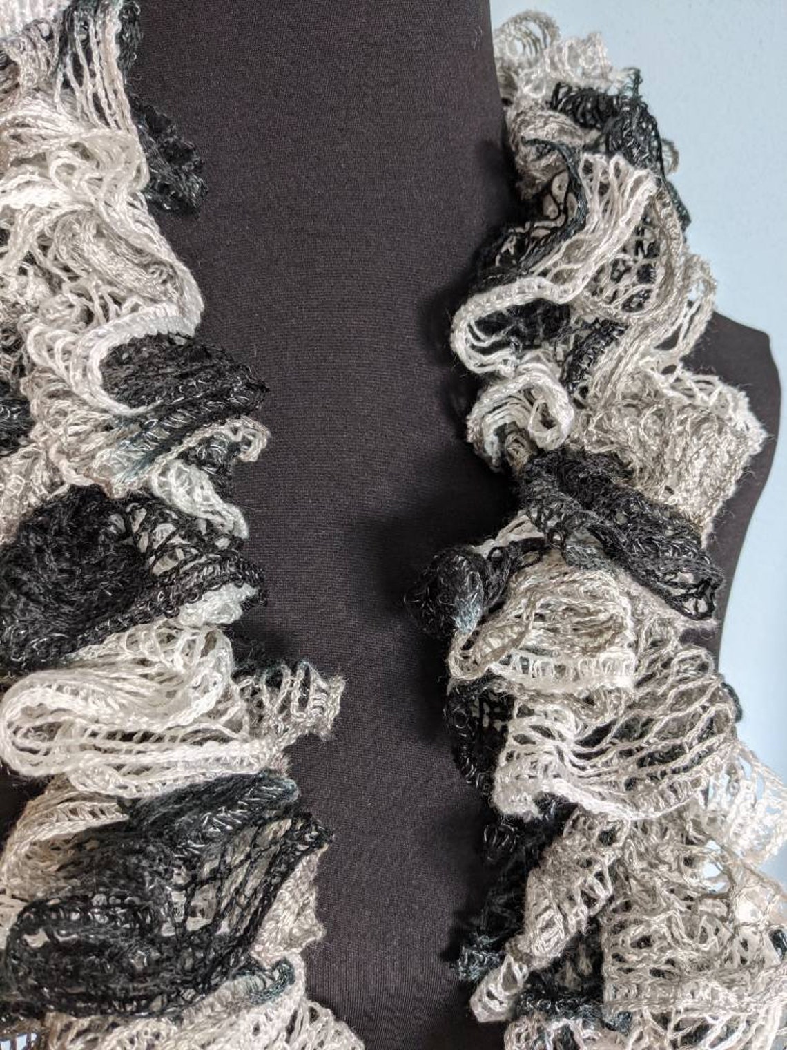 Ruffle Scarf, Black, White, Grey, Frilly Scarf, Crochet, Handmade, Lace ...