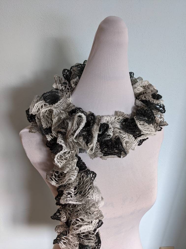 Ruffle Scarf, Black, White, Grey, Frilly Scarf, Crochet, Handmade, Lace ...