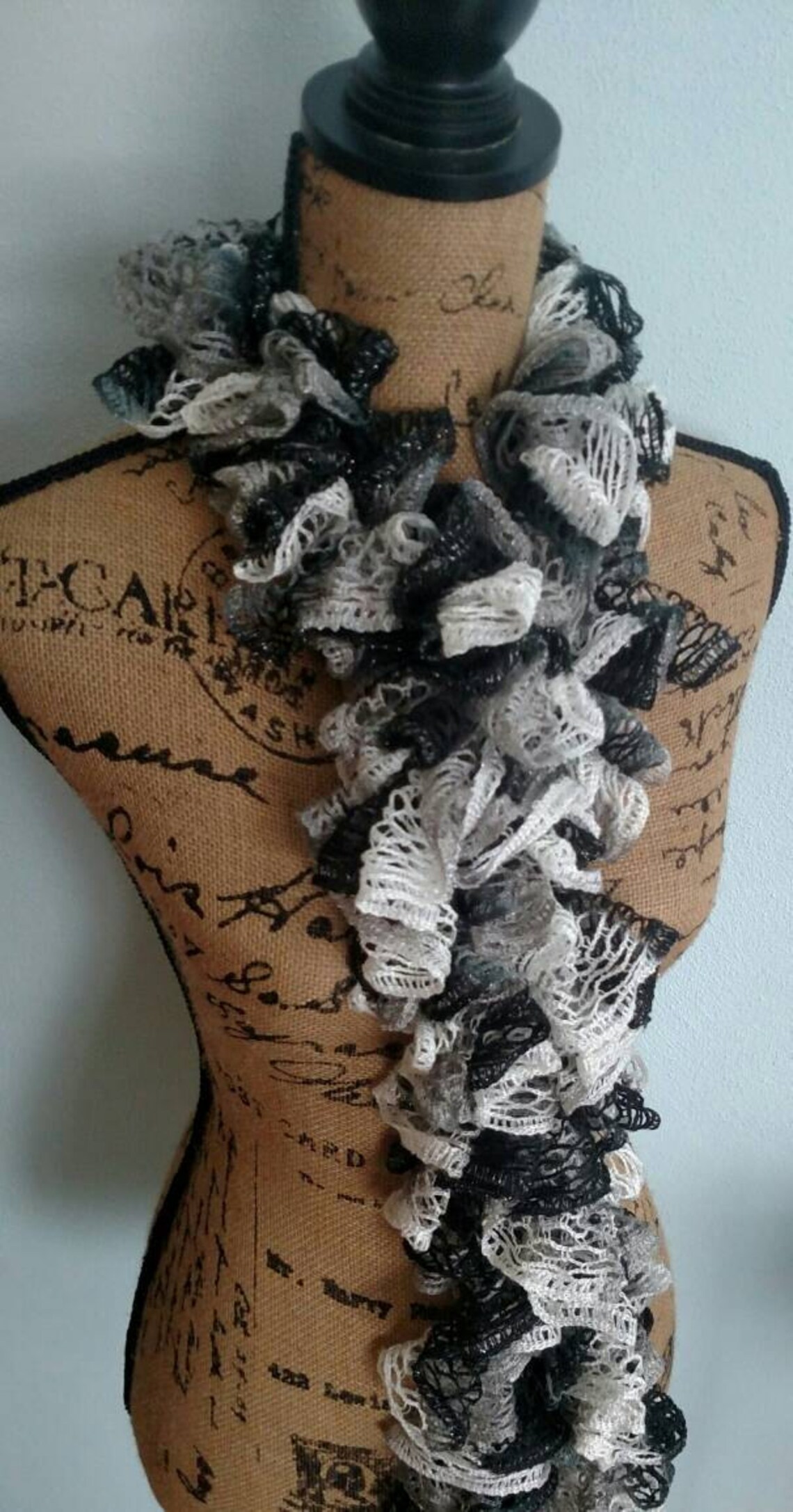 Ruffle Scarf, Black, White, Grey, Frilly Scarf, Crochet, Handmade, Lace ...