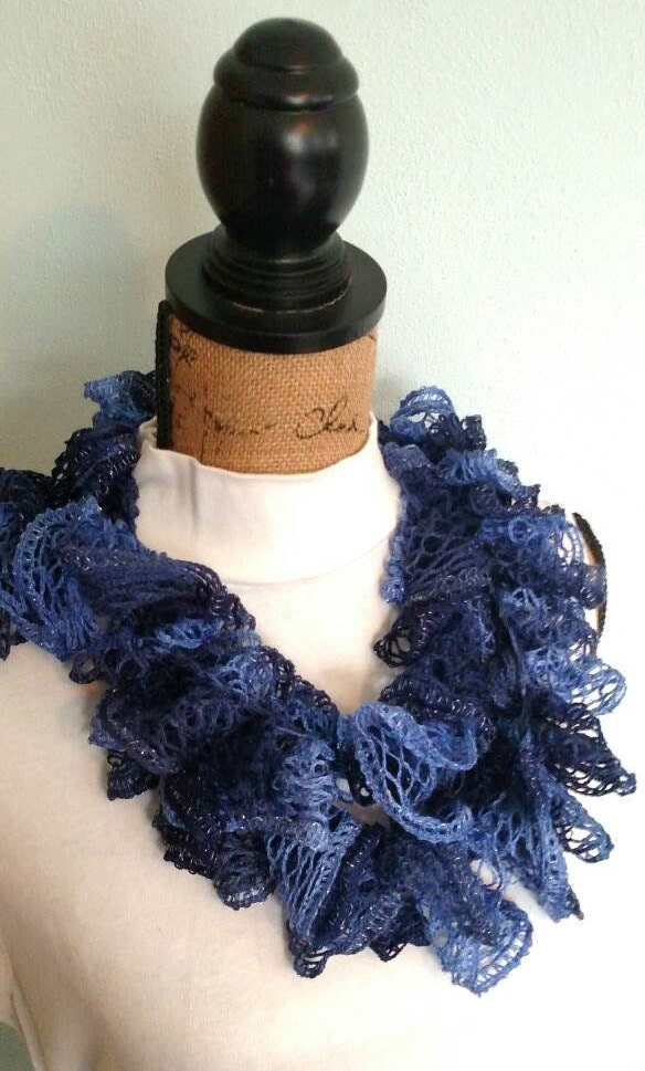 Indigo Ruffle Scarf, Frilly Scarf, Crochet, Handmade, Lace Scarffree ...