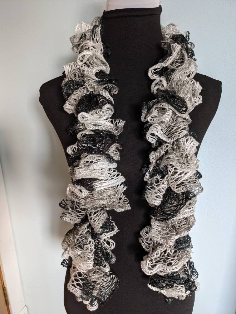 Ruffle Scarf, Black, White, Grey, Frilly Scarf, Crochet, Handmade, Lace ...