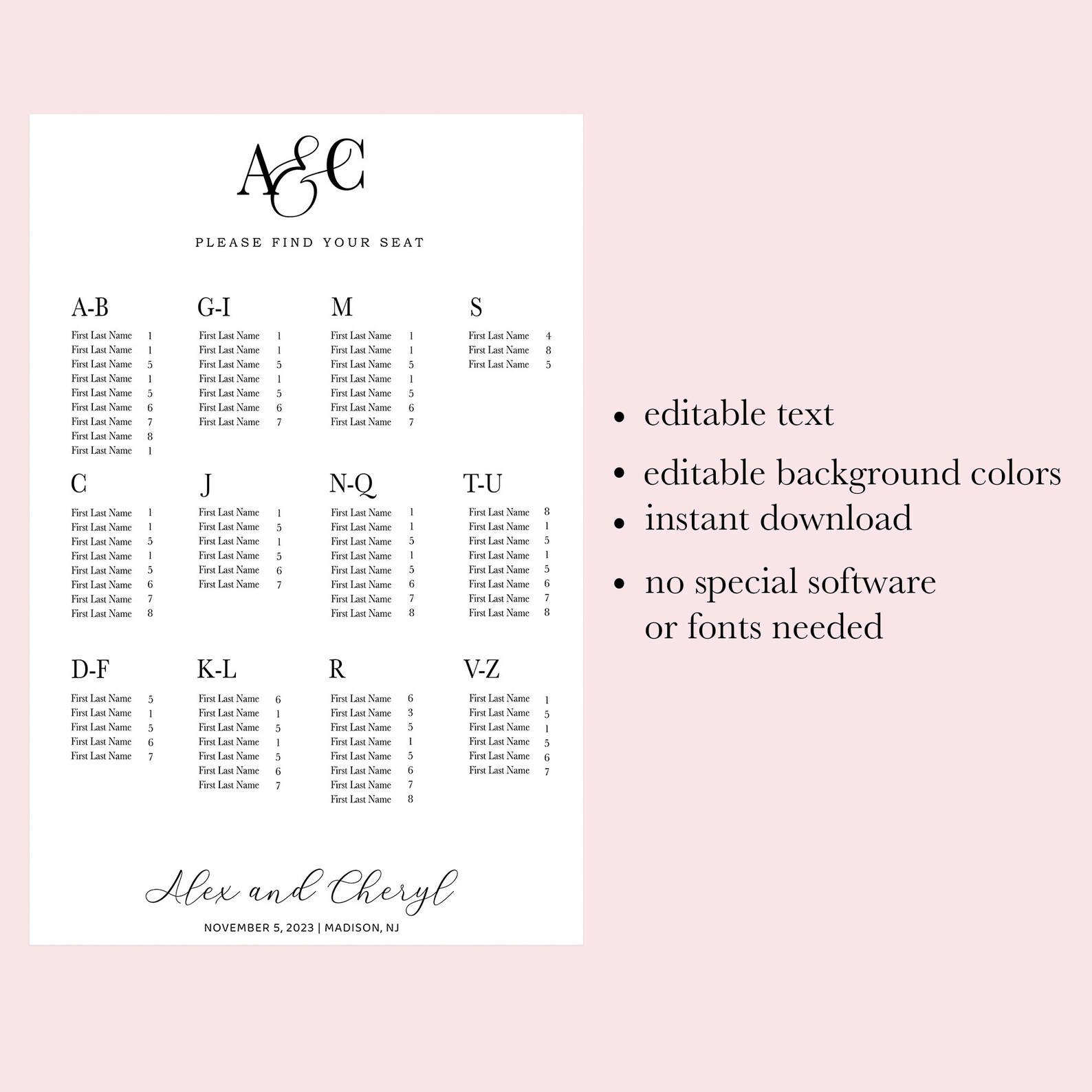 Customizable Wedding Seating Chart, Alphabetical Seating Plan Editable ...