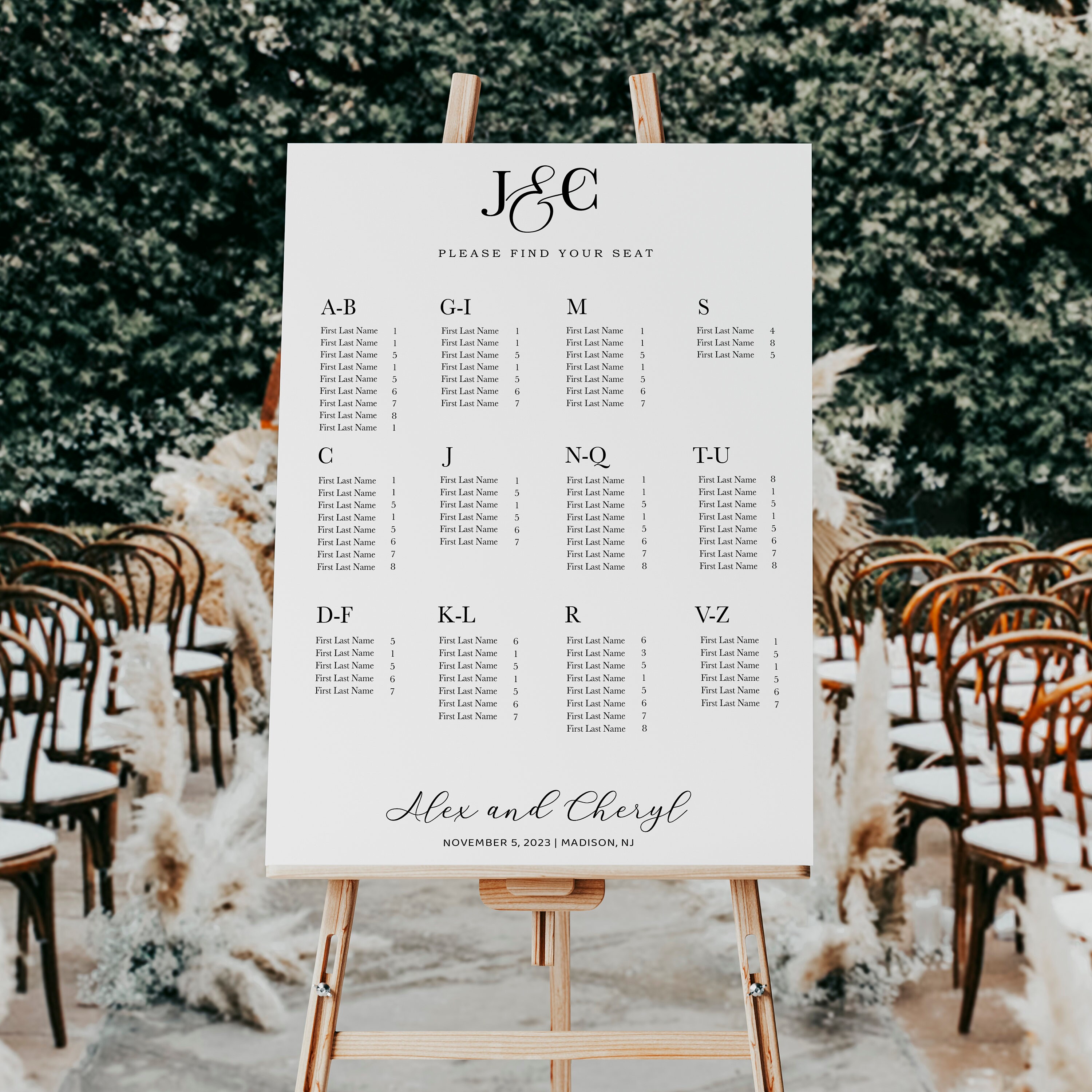 Customizable Wedding Seating Chart, Alphabetical Seating Plan Editable ...