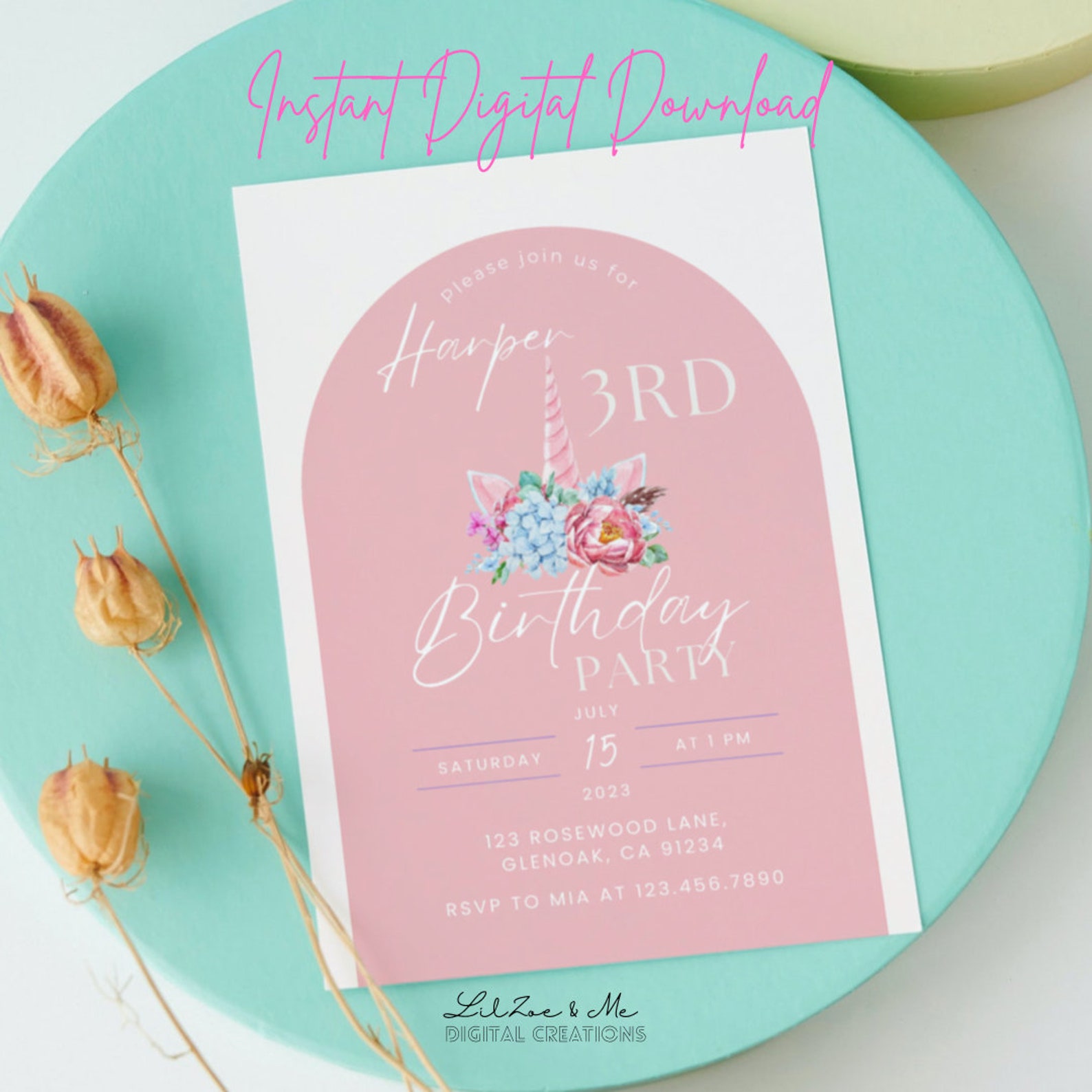 Unicorn Horn Rainbow Floral Arch Birthday Invitation/ Pastel Neutral ...