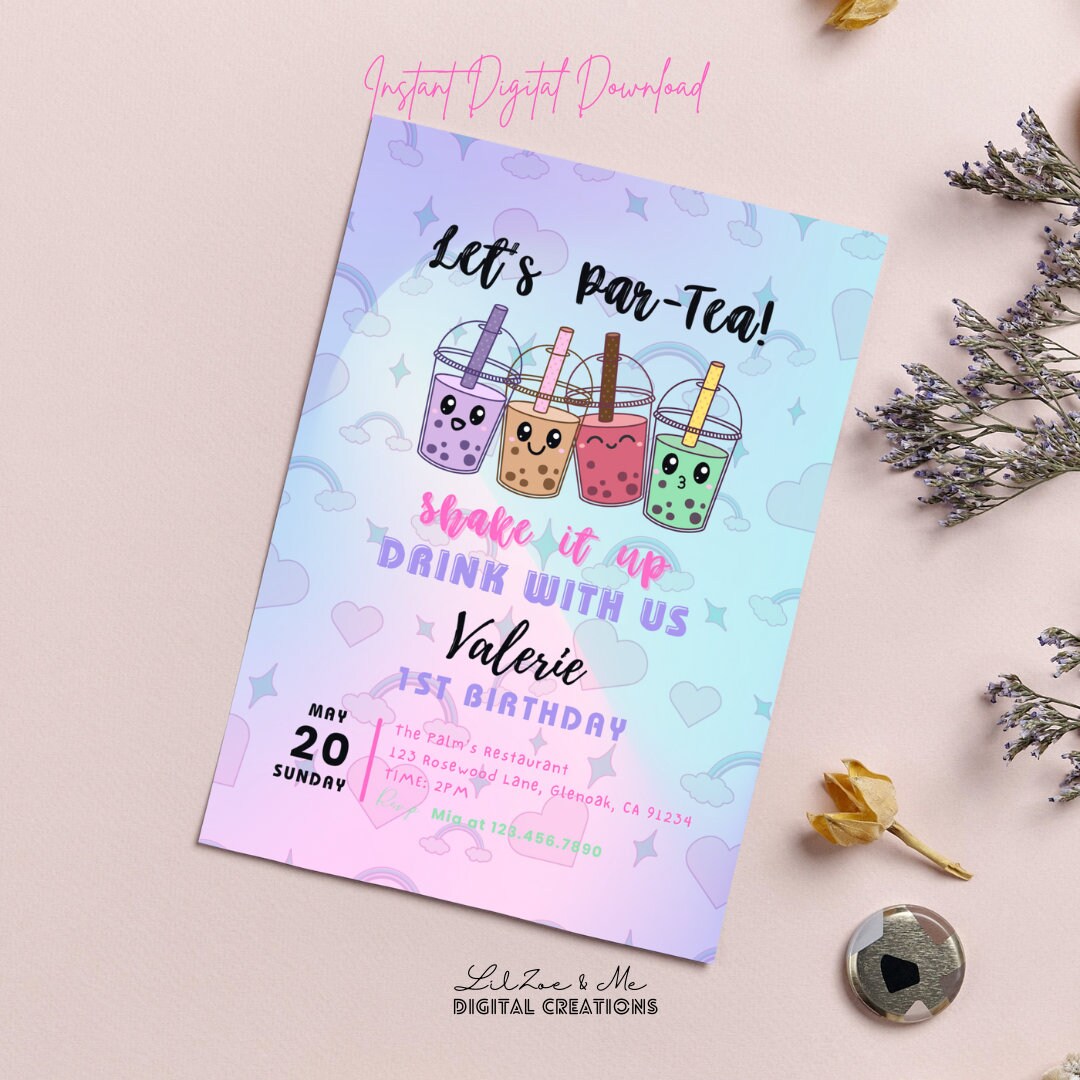 Par-tea Boba Bubble Milk Tea Birthday Invitation/ Rainbow Love Tapioca ...