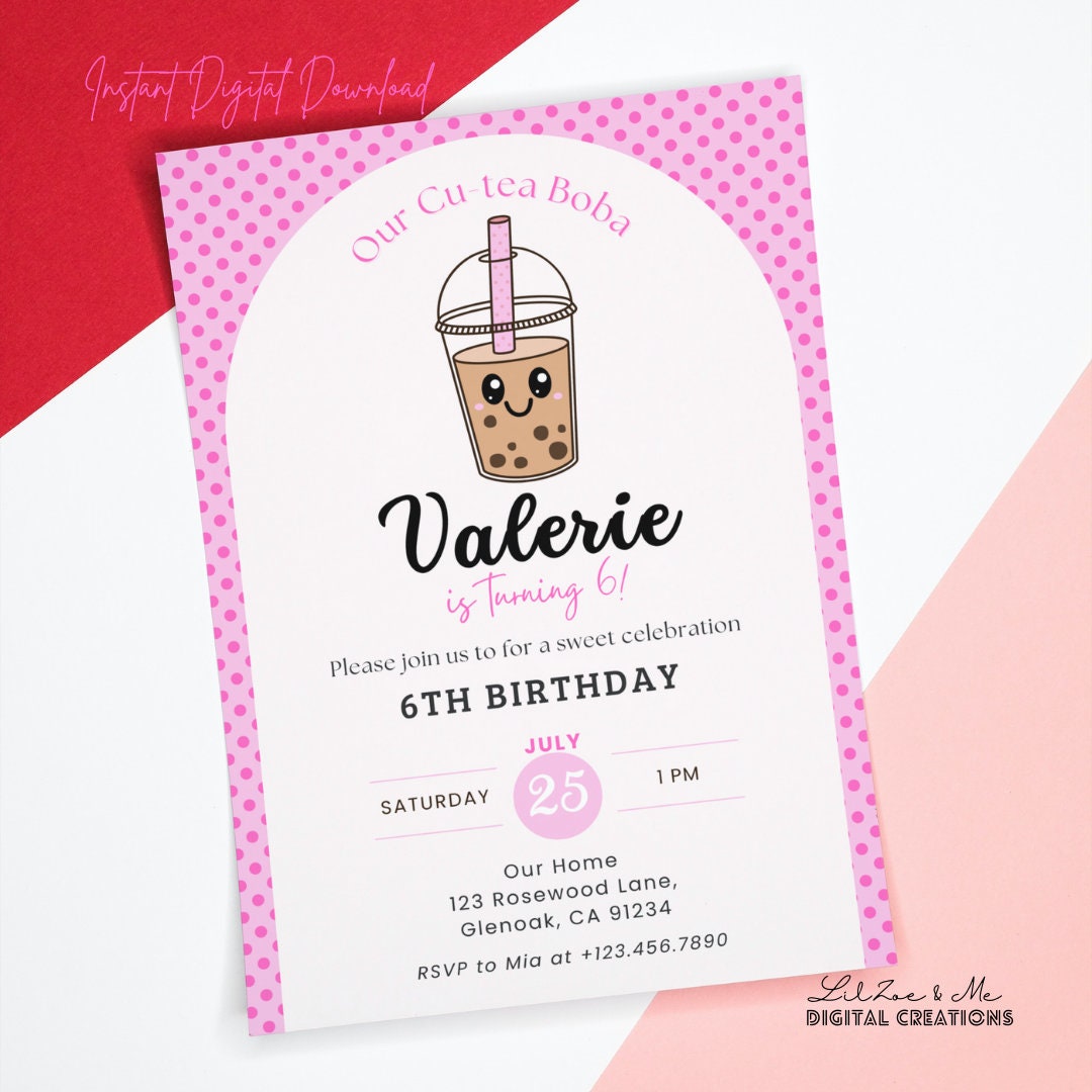 Boba Bubble Milk Tea Birthday Invitation/tapioca Cute Boba Milk Tea ...