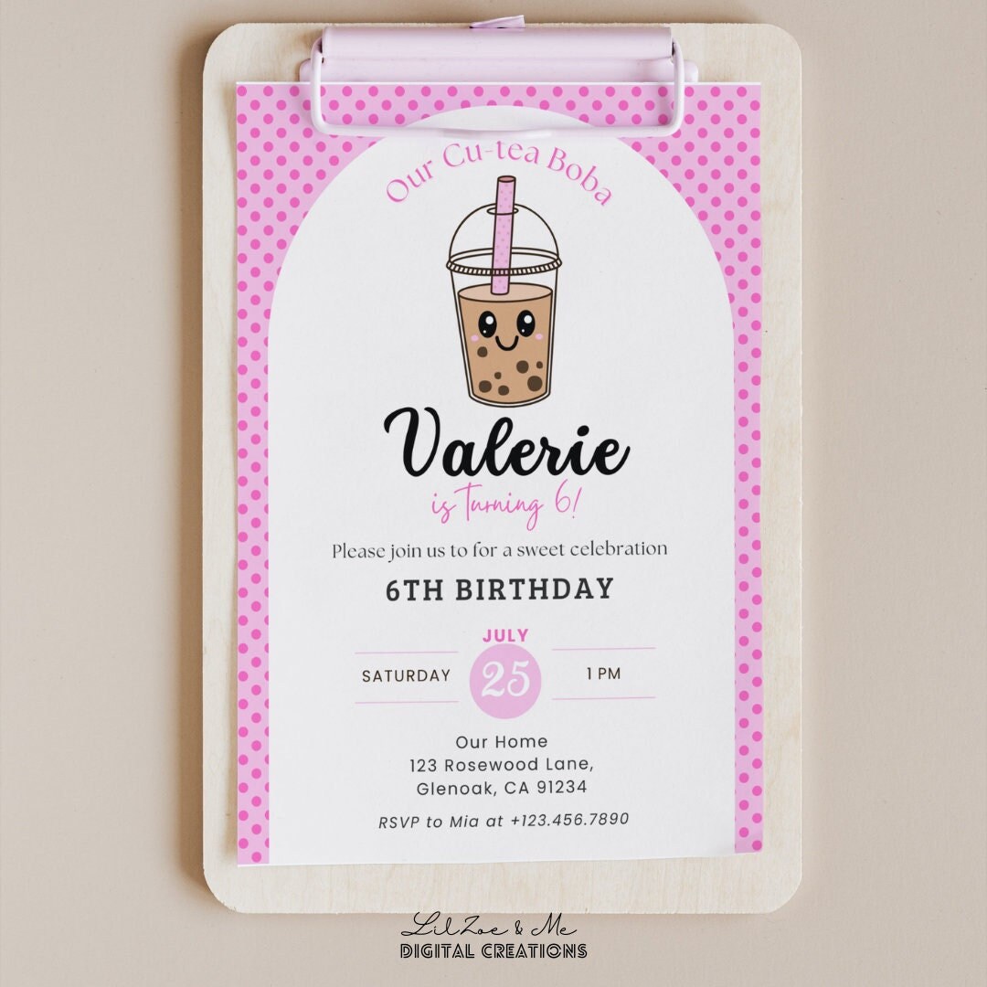 Boba Bubble Milk Tea Birthday Invitation/tapioca Cute Boba Milk Tea ...