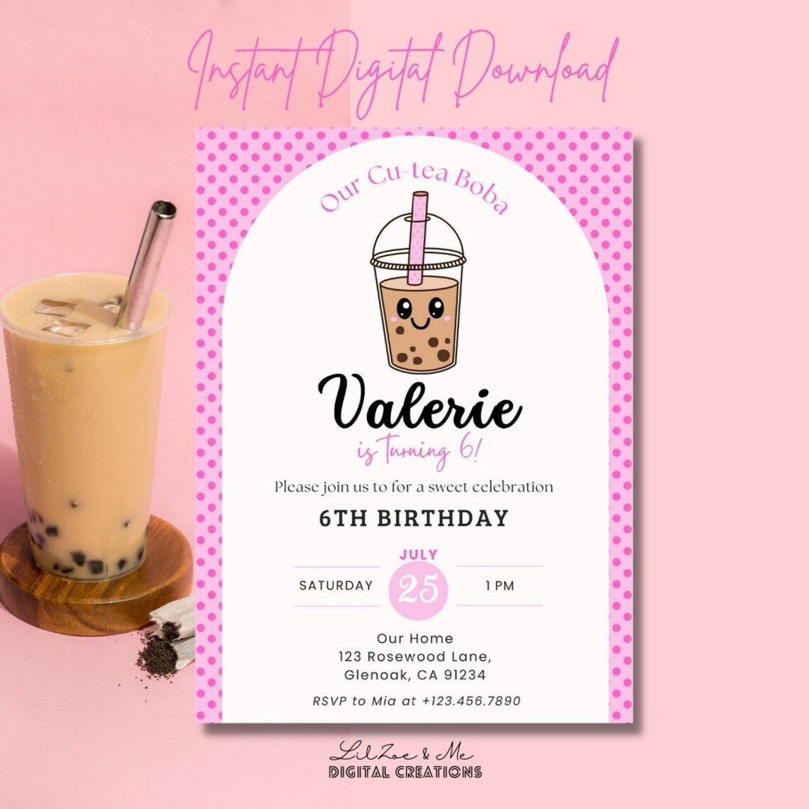 Boba Bubble Milk Tea Birthday Invitation/tapioca Cute Boba Milk Tea ...