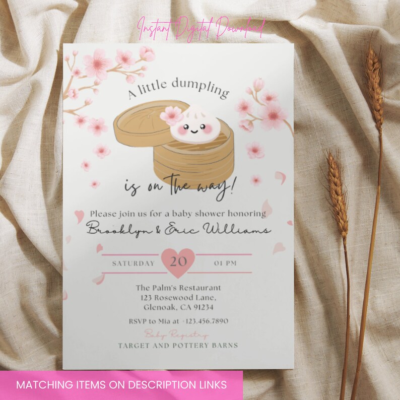 Little Dumpling Flower Baby Shower Invitation Bundle Set/dim Sum Asian ...