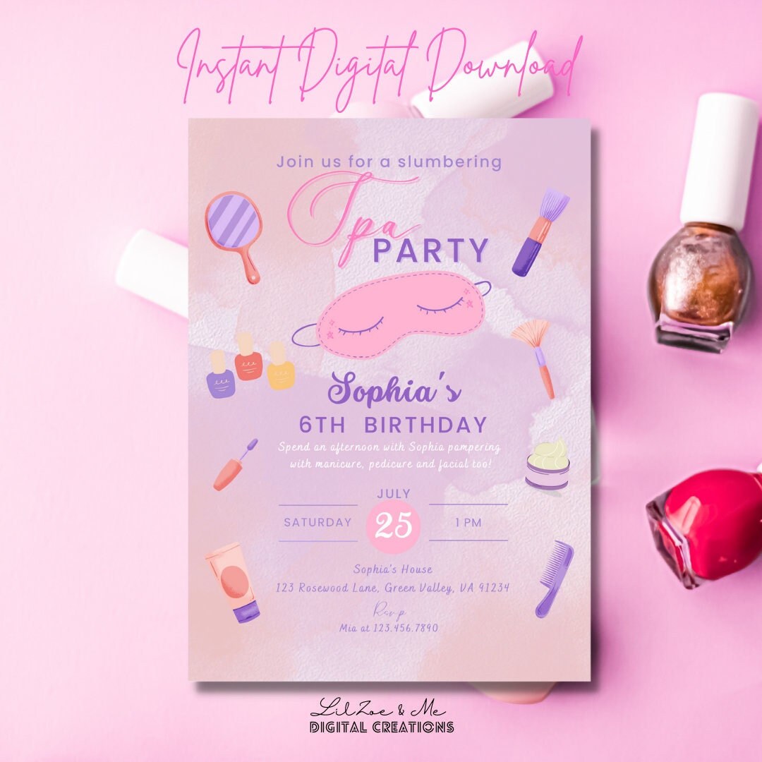 Spa Day Girl Birthday Invitation/ Manicure Pedicure Facial Pamper Pink ...