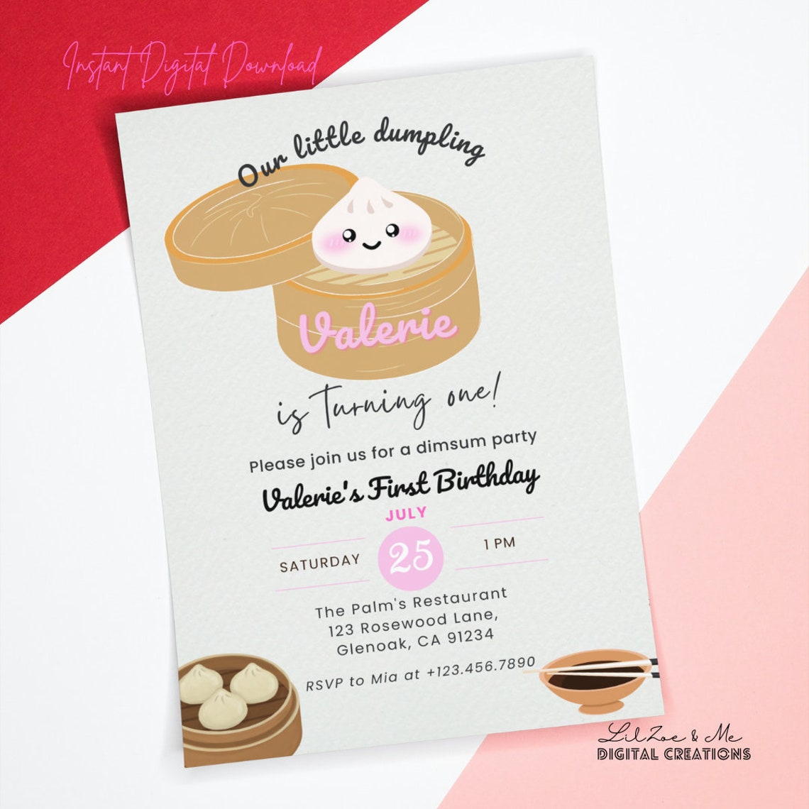 Little Dumpling Birthday Invitation/xiao Long Bao Bun Jiao Zi Dimsum ...