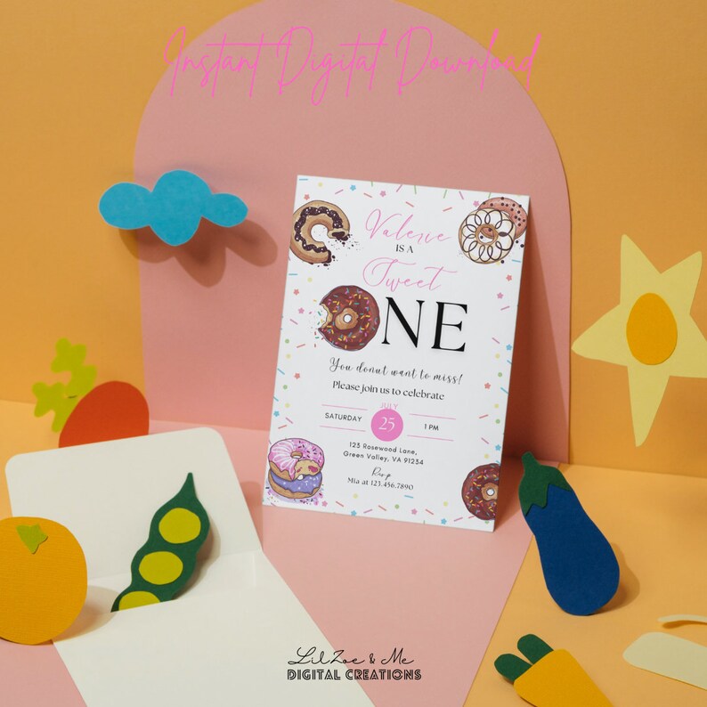 Sweet One Donut Birthday Invitation/ Donut and Sprinkles Sweet Dessert ...