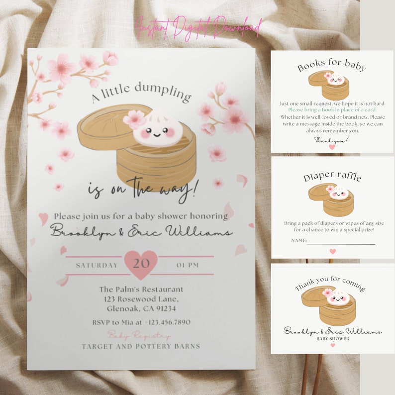 Little Dumpling Flower Baby Shower Invitation Bundle Set/dim Sum Asian ...