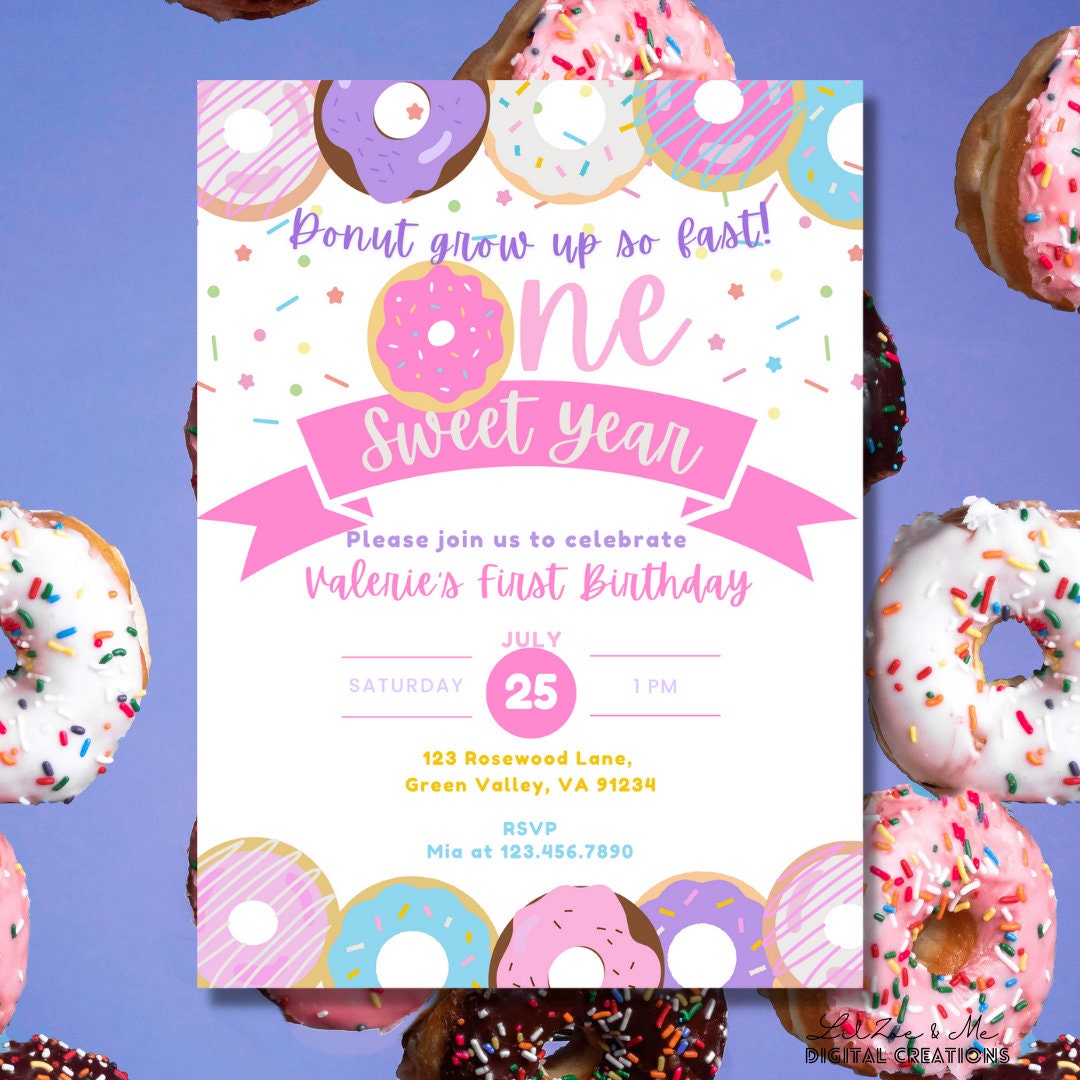 One Sweet Year Donut 1st Birthday Invitation/ Sprinkles Pastel Pink ...