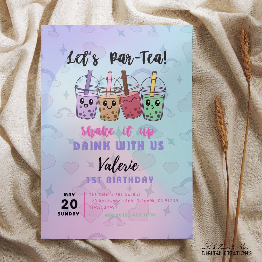 Par-tea Boba Bubble Milk Tea Birthday Invitation/ Rainbow Love Tapioca ...