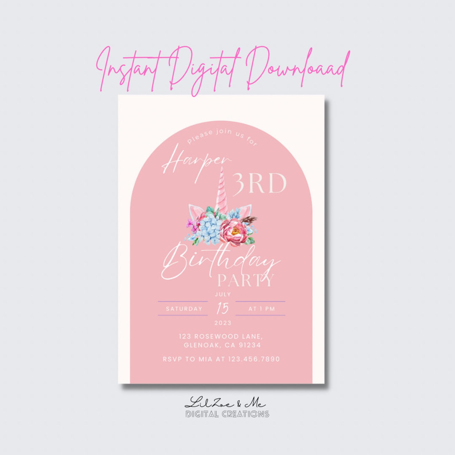 Unicorn Horn Rainbow Floral Arch Birthday Invitation/ Pastel Neutral ...