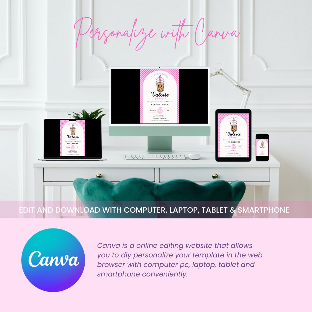 Boba Bubble Milk Tea Birthday Invitation/tapioca Cute Boba Milk Tea ...