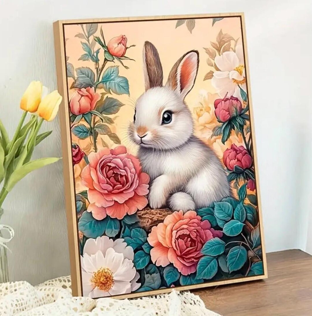 Easter Rabbit Diamond Painting Kit: Vintage Floral Design (30x40cm) - Etsy