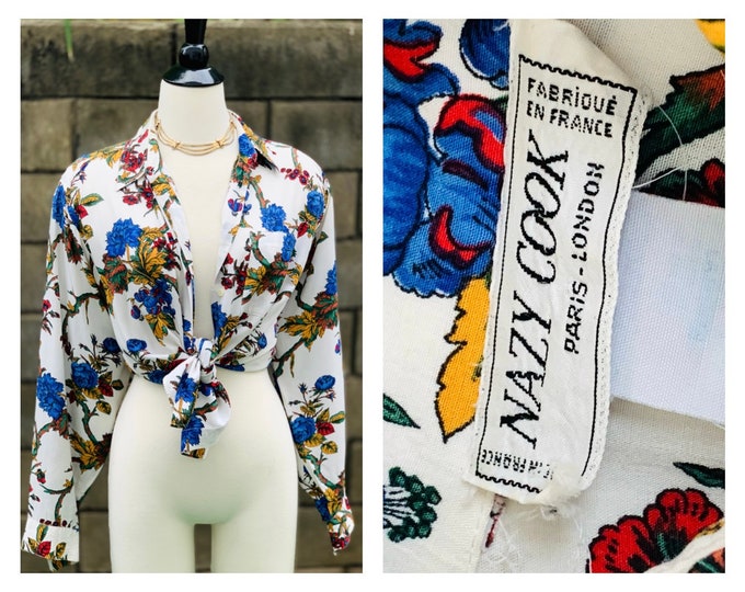 1980s White Base Multicolored Floral Print Long Sleeve Button Down ...