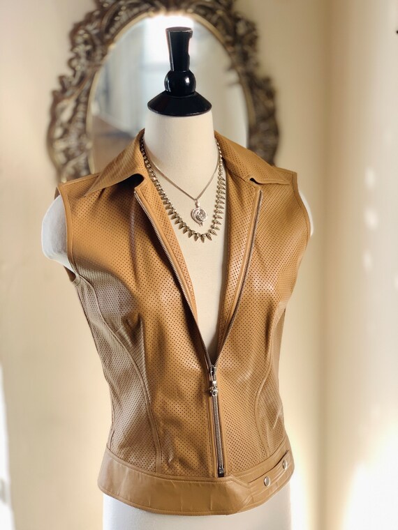 1990s VERSACE Perforated Tan Leather Vest / Designer … - Gem