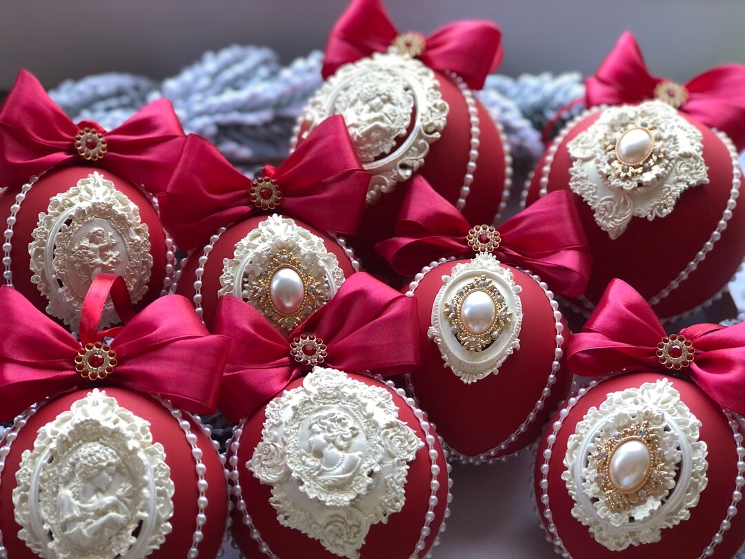 Red Christmas Ornaments 8pcs Set in Gift Box Christmas Balls Handmade ...