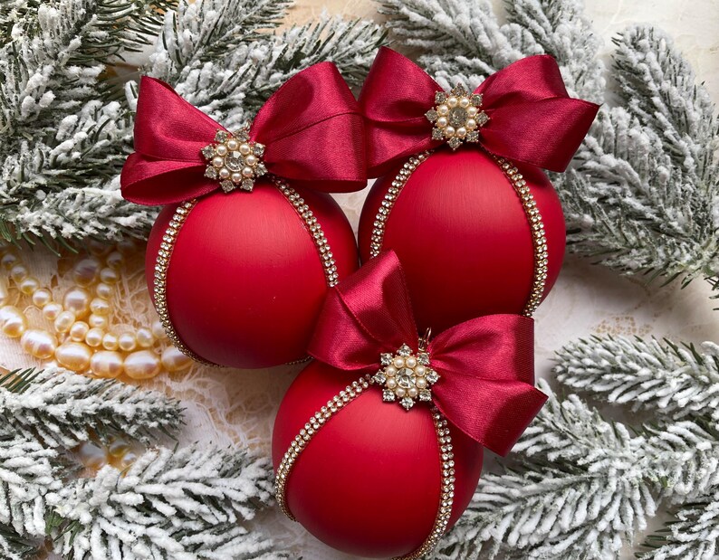 Red Christmas Ornaments Set Xmas Tree Rhinestones Decorations Christmas ...