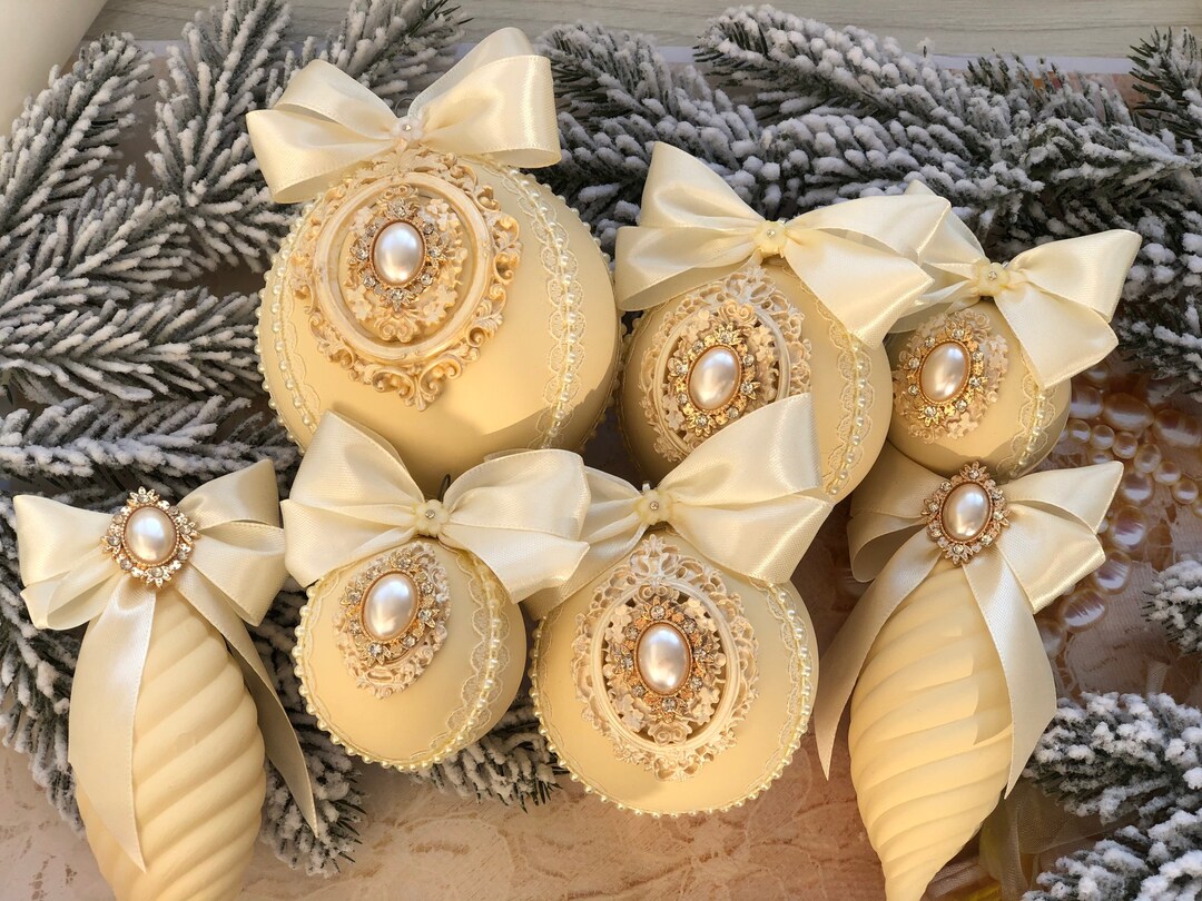 Ivory Christmas Ornaments 7pcs Set Christmas Balls Handmade Christmas ...