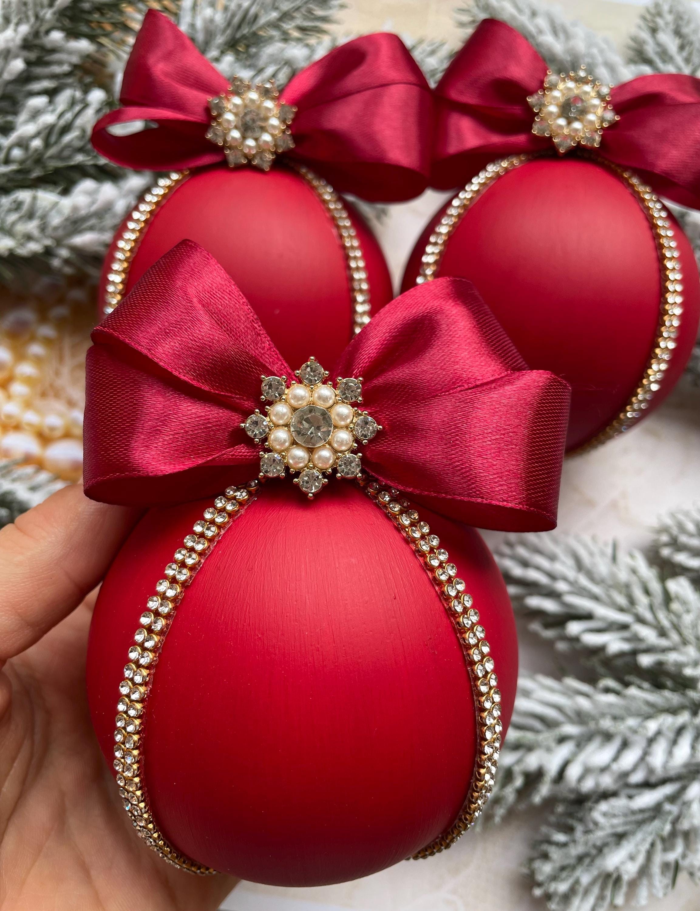 Red Christmas Ornaments Set Xmas Tree Rhinestones Decorations Christmas ...