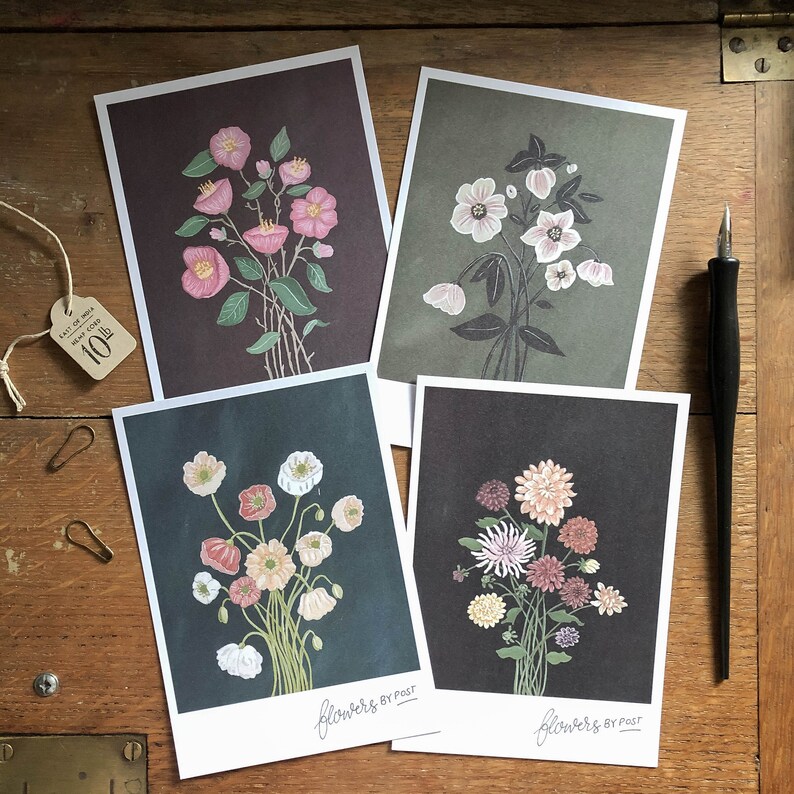 Dark Floral Postcard Set Hand Illustrated ‘flowers by Post’ Design on ...