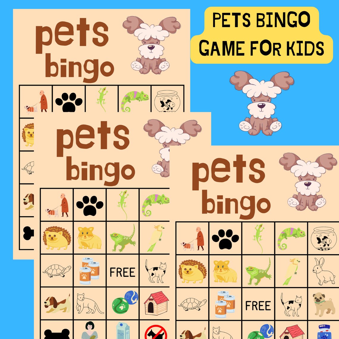 Pets Bingo Game for Kids, Printable Bingo Cards, 20 Cards Kids Game ...