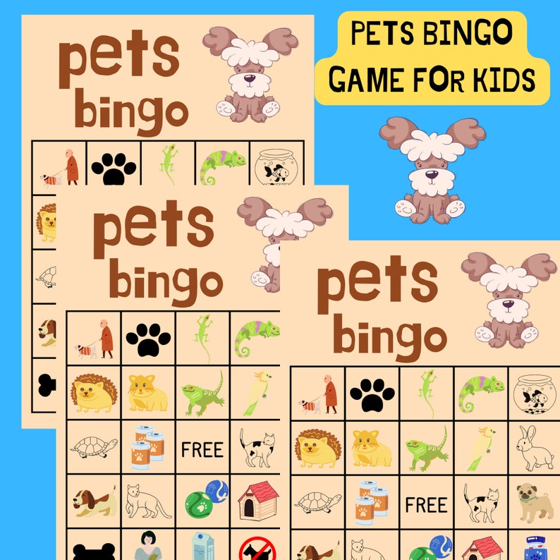 Pets Bingo Game for Kids, Printable Bingo Cards, 20 Cards Kids Game ...