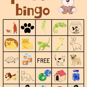 Pets Bingo Game for Kids, Printable Bingo Cards, 20 Cards Kids Game ...