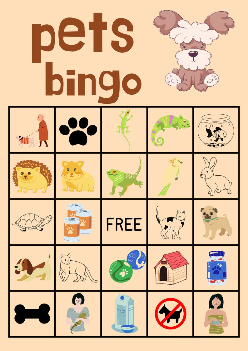 Pets Bingo Game for Kids, Printable Bingo Cards, 20 Cards Kids Game ...