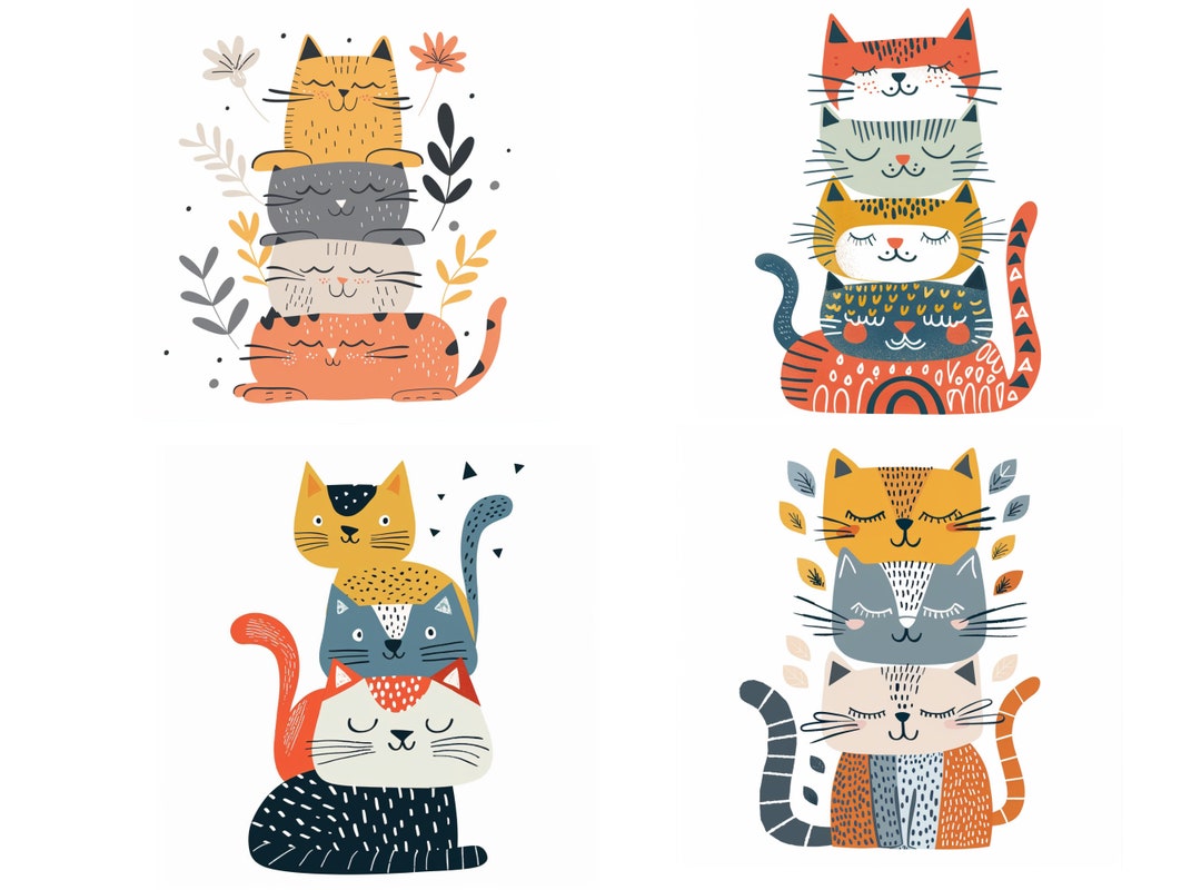 Scandinavian Style Cute Cartoon Cats Clipart 4 Sets SVG PNG Whimsical ...