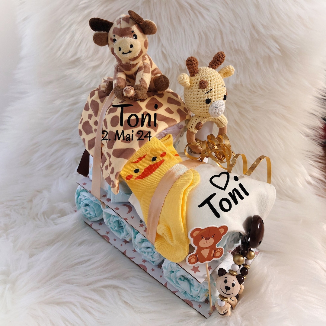 Baby Diaper Cake Diaper Train Personalized Neutral Giraffe With Name ...