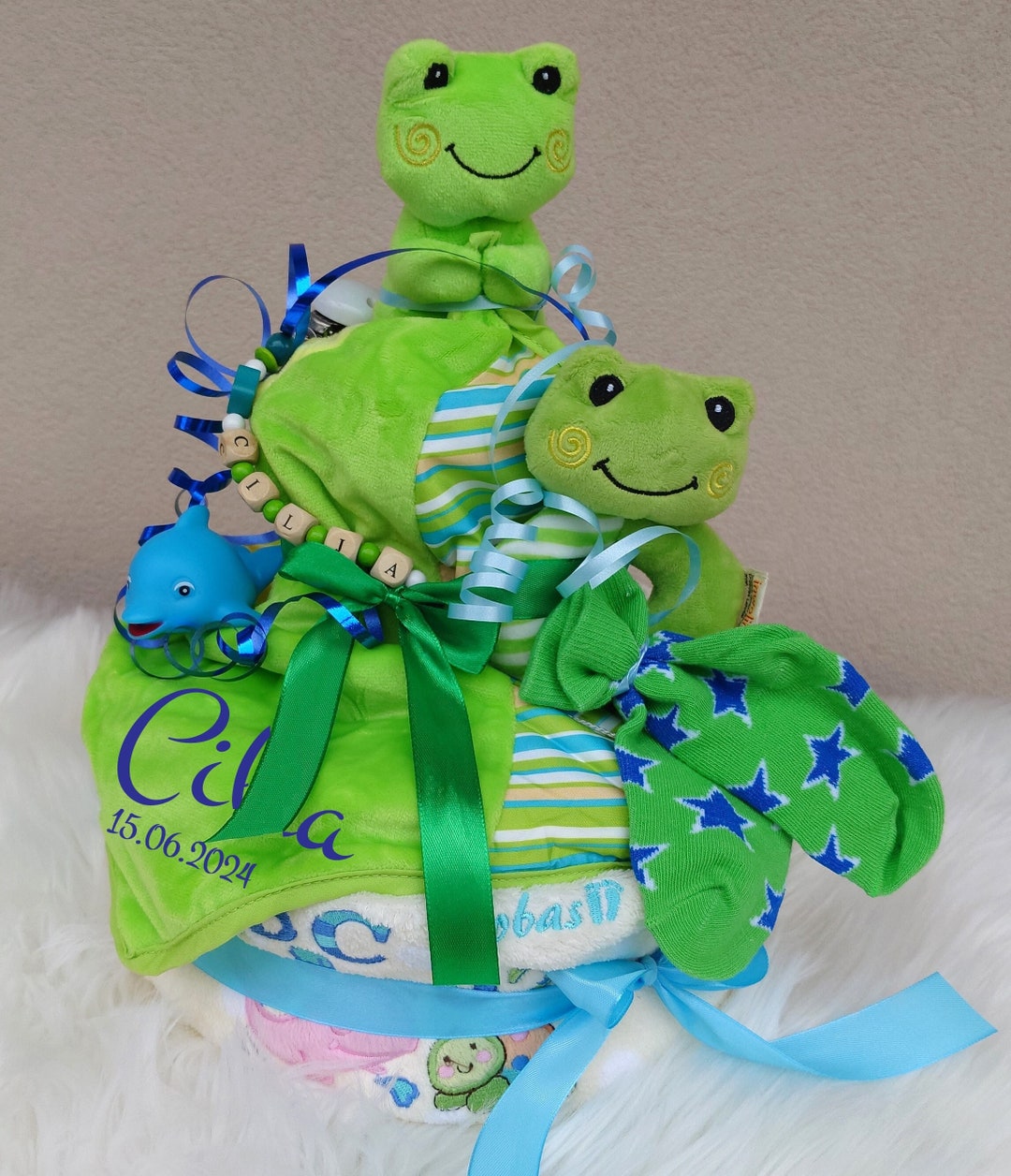 Baby Diaper Cake Frog Personalized Cuddle Cloth Embroidered With Name ...