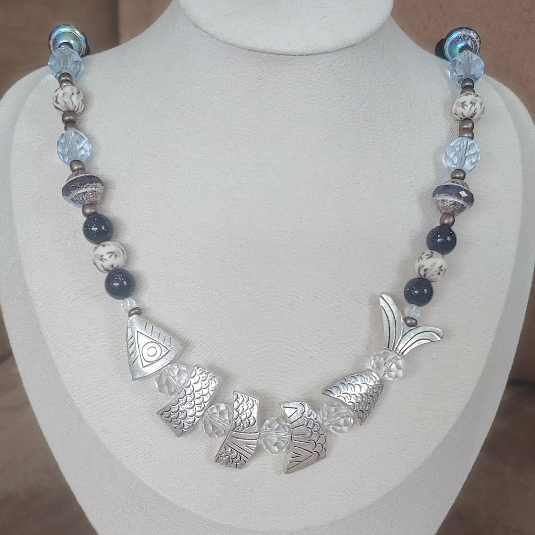 Periwinkle Rondelle and Pewter Fish Necklace - Etsy