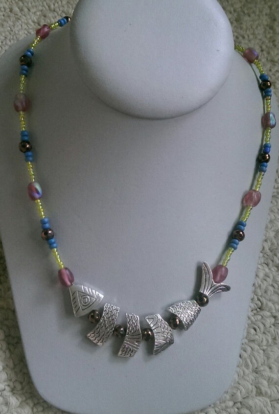 Pink Frosted Beads With Separated Pewter Fish Pendant Necklace | Etsy