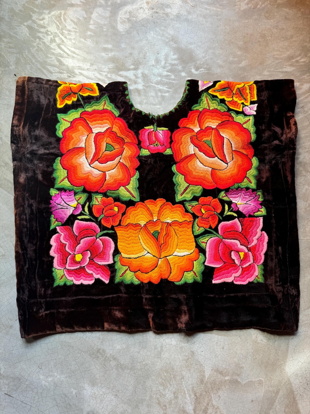 Vintage Oaxaca Huipil, Embroidered Velvet Floral Blouse, Zapotec ...