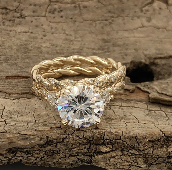 Bridal Set in 14k Yellow Gold Round Cut Ring Set Forever One Moissanite Ring Moissanite Wedding Set Diamond Wedding Set Etsy