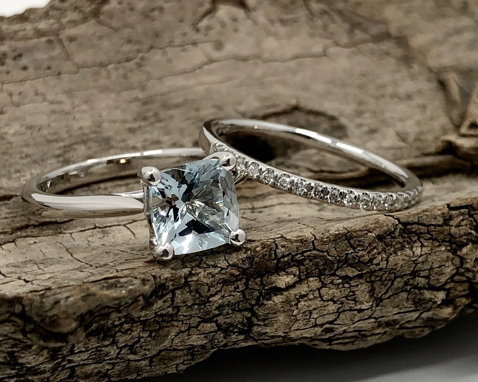 14k White Gold Bridal Set Wedding Set 7mm Cushion Cut Dark Blue ...