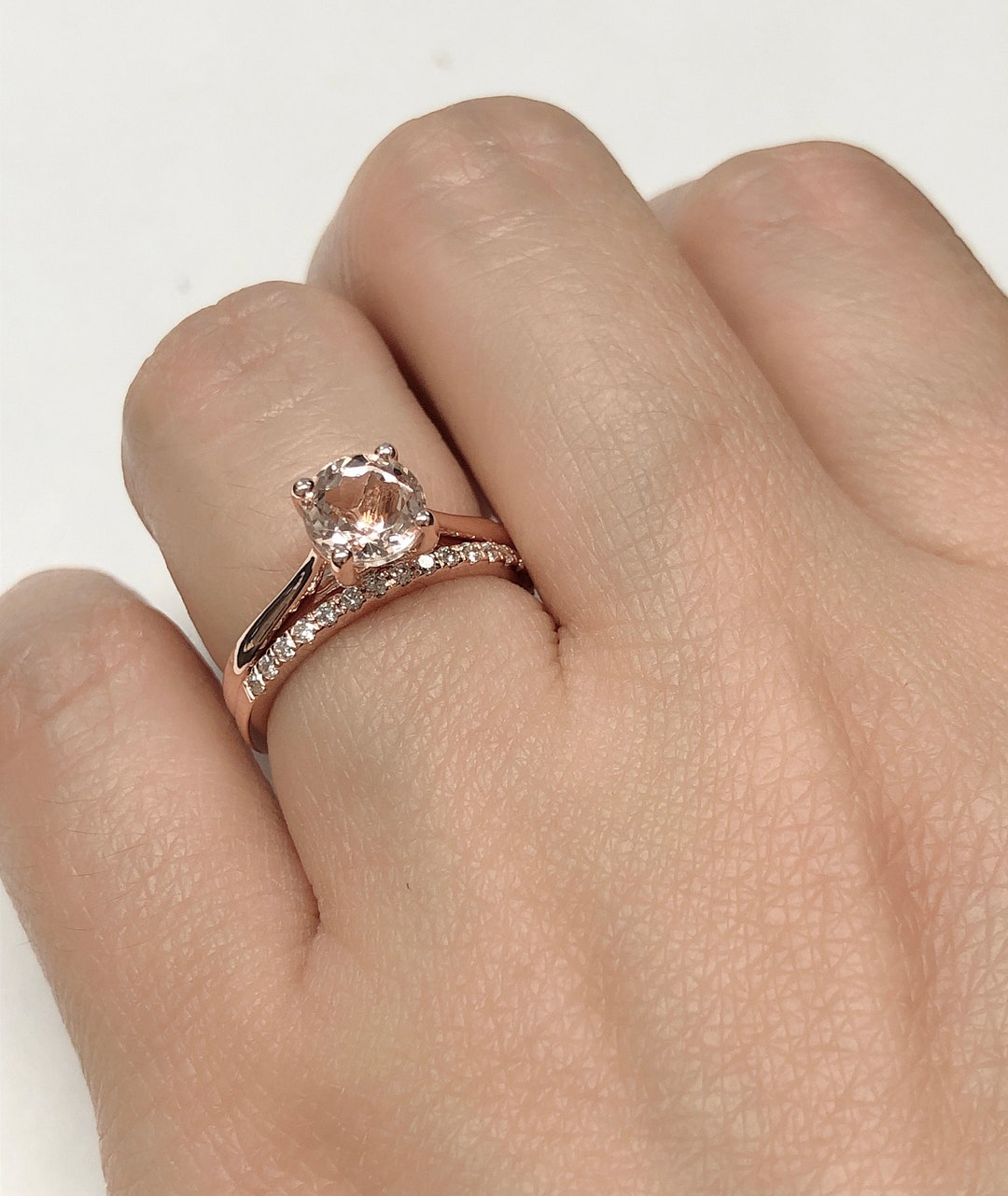 Rose Gold Morganite Round Cut Wedding Set , Round Morganite Engagement ...