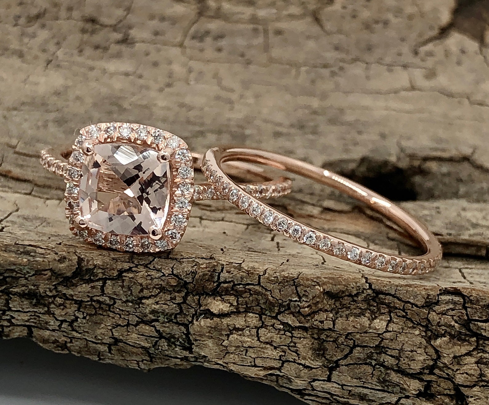 Morganite Bridal Set in 14K Rose Gold, Morganite Cushion Engagement ...