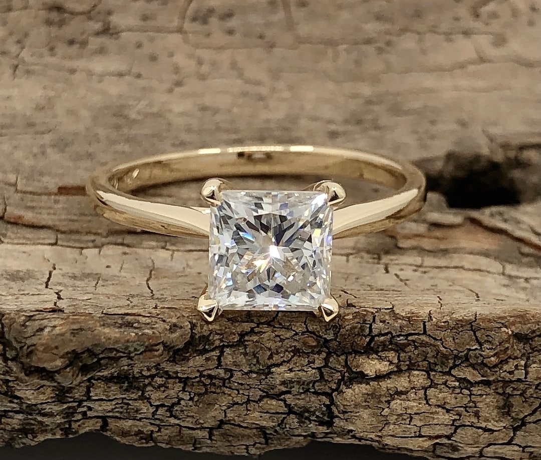Yellow Gold Princess Cut Engagement Ring, 2.10 CT Forever One ...