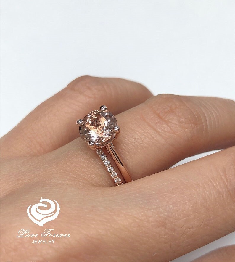 Rose Gold Morganite Round Cut Wedding Set, Round Morganite Engagement ...