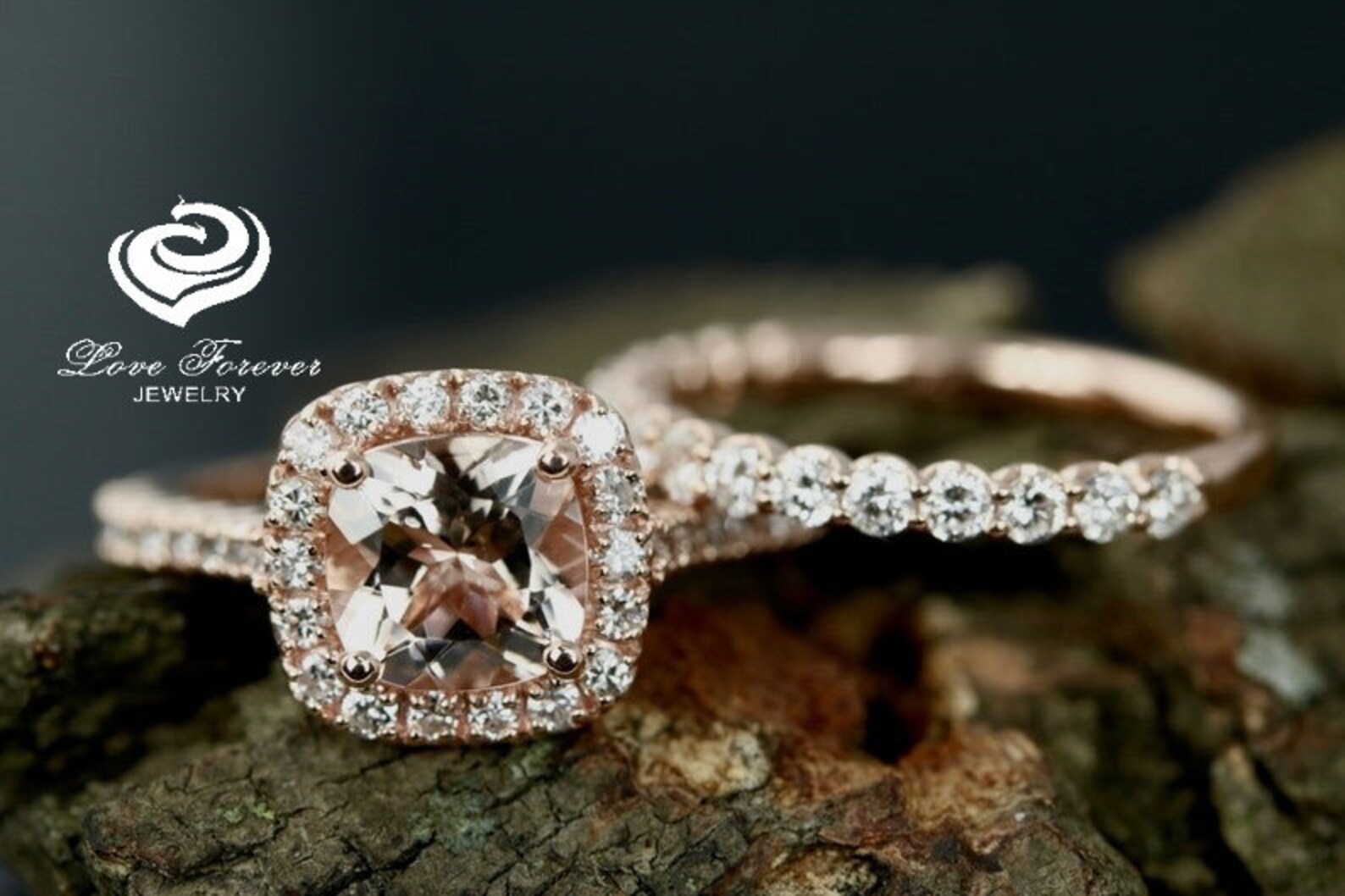 Morganite Bridal Set in 14K Rose Gold, Morganite Cushion Engagement ...